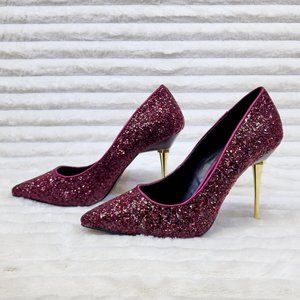 Pleaser | Shoes | Amuse Burgundy Red Glitter Pumps Slim Gold Tone Metal ...